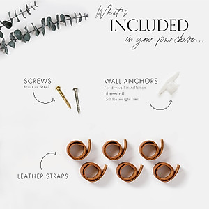 6PK Genuine Leather Sustainably Sourced by KEYAIIRA - The Original Wall Strap - Decorative Curtain rod holder bracket wall mount hanging display loop, oars, blankets, macrame (CHOCOLATE, BRASS SCREWS)