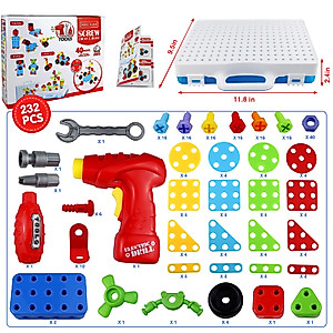 STEM Toys 232 Pcs Drill Set Building Blocks, DIY Educational Construction Engineering Toys, Creative Mosaic Electric Drill Set Gift for Age 3-8 Years Old Boys Kids, Girls