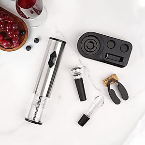 CIRCLE JOY 5-in-1 Electric Wine Opener Gift Set Stainless Steel Electric Wine Bottle Opener Battery Operated Corkscrew with Foil Cutter, Wine Pour, Wine Stopper and Storage Base, Silver