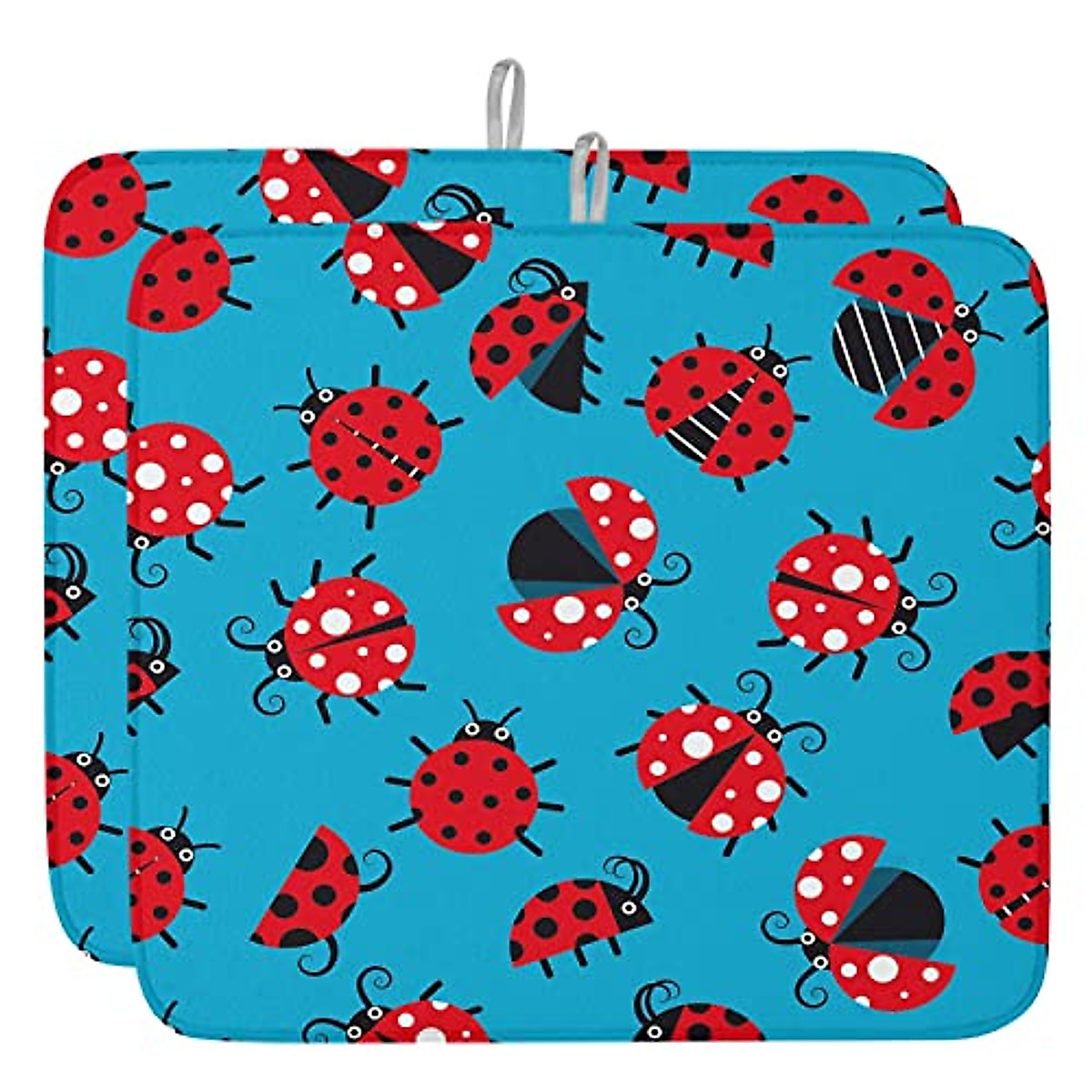 Dish Drying Mat for Kitchen Counter Absorbent Quick Drying Mat, Cute Ladybug Red Black Carapace Insect Dense Animal Blue