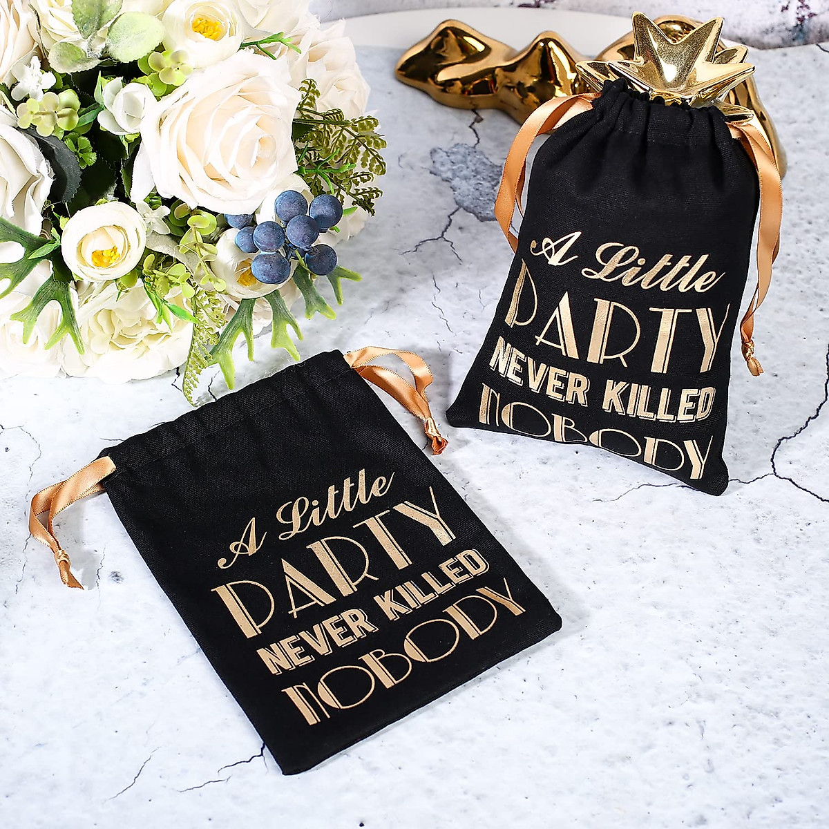 Cytdkve Gold Foil Wedding Favor Bags Bachelorette Party Hangover Kit Drawstring Bags for Bridesmaid Gifts (10 Pieces, Black, 5 x 7 Inch)
