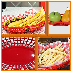 Luxshiny 6pcs Fast Food Baskets Plastic Oval Food Serving Tray Reusable Bread Fry Basket Burgers Storage Plates Fruit Baskets for Hot Dogs Sandwiches Chip Barbecues Picnics Red