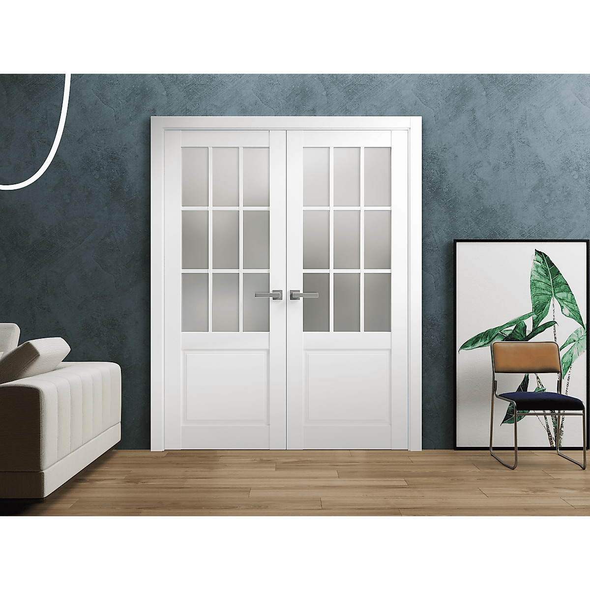SARTODOORS Solid French Double Doors 72 x 80 inches Frosted Glass 9 Lites | Felicia 3309 Matte White | Single Regular Panel Frame Trims | Bathroom Bedroom Sturdy Doors