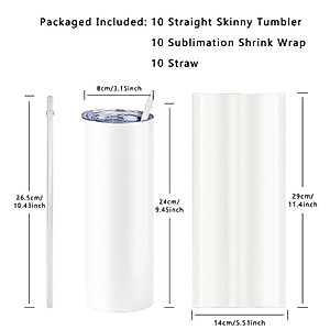 XccMe 30oz Sublimation Skinny Stainless Steel Tumbler,10Pack Double Wall Straight Slim Insulated Tumblers with Lids,Straws,Individually Box,Sublimation Coating for Heat Transfer (White)