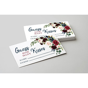 Your Main Event Prints Burgundy and Navy How Many Kisses Game Sign and Cards Great for Bridal Showers and Weddings, Neutral Floral