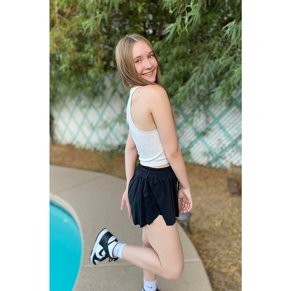 TARSE Womens 2 in 1 Flowy Workout Shorts Casual Drawstring High Waist Running Athletic Shorts Comfy Summer Skirt(Black,L)