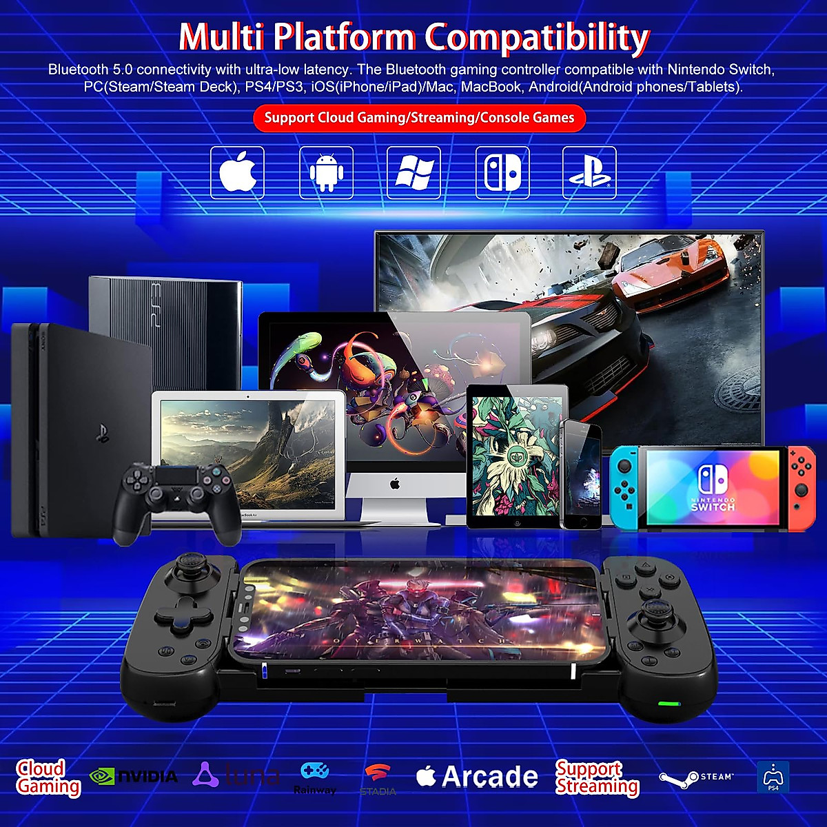 Joso Mobile Gaming Controller for iPhone/Android/PC/Nintendo Switch/PS4, Cloud Games, with Hall Effect Joystick, 6 Axis Gyro, TURBO, Gamepa for Android with Phone Case Support