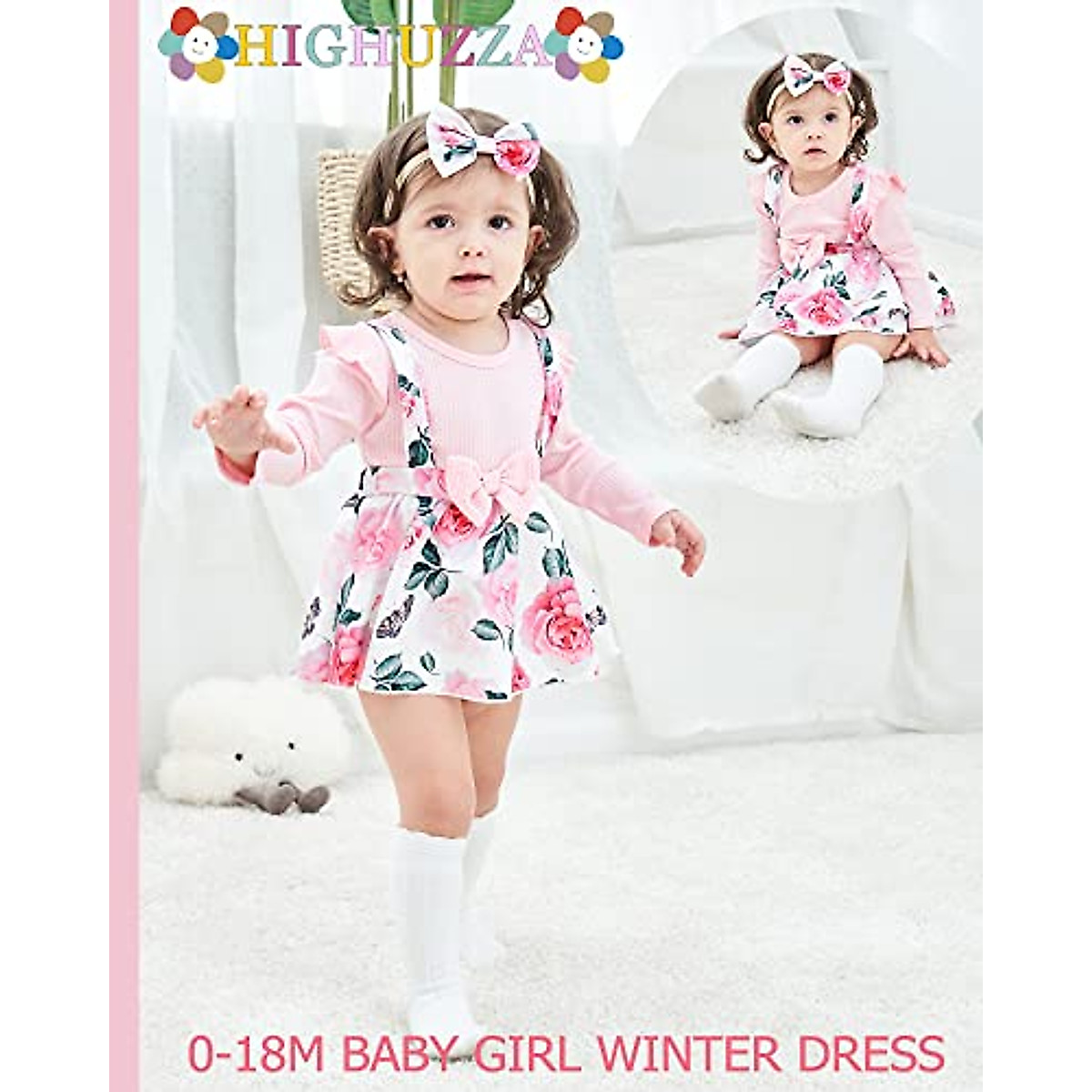 HIGHUZZA Baby Girl Clothes Newborn Dress Infant Romper Outfits Jumpsuit Clothing Suspender Headband Overall Skirt Set Winter Fall 0-3 Month Pink