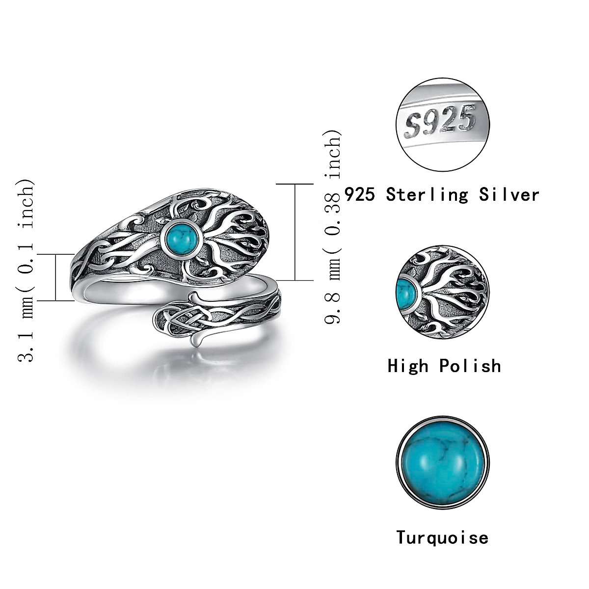 Mic Tai Tree of Life Spoon Ring - Sterling Silver Vintage Turquoise Celtic Knot Rings Adjustable Thumb Jewelry Gifts for Women (Tree of Life)