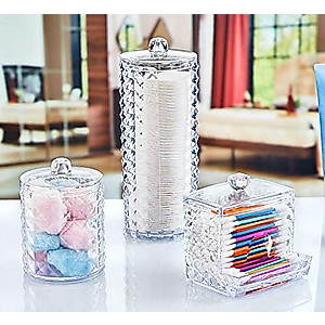 Bremen Home 3 Pack Bathroom Makeup Organizer Set, Diamond Design Acrylic Plastic Cotton Ball, Cotton Pad and Q Tip Holder-Vanity Organizer-Storage Containers