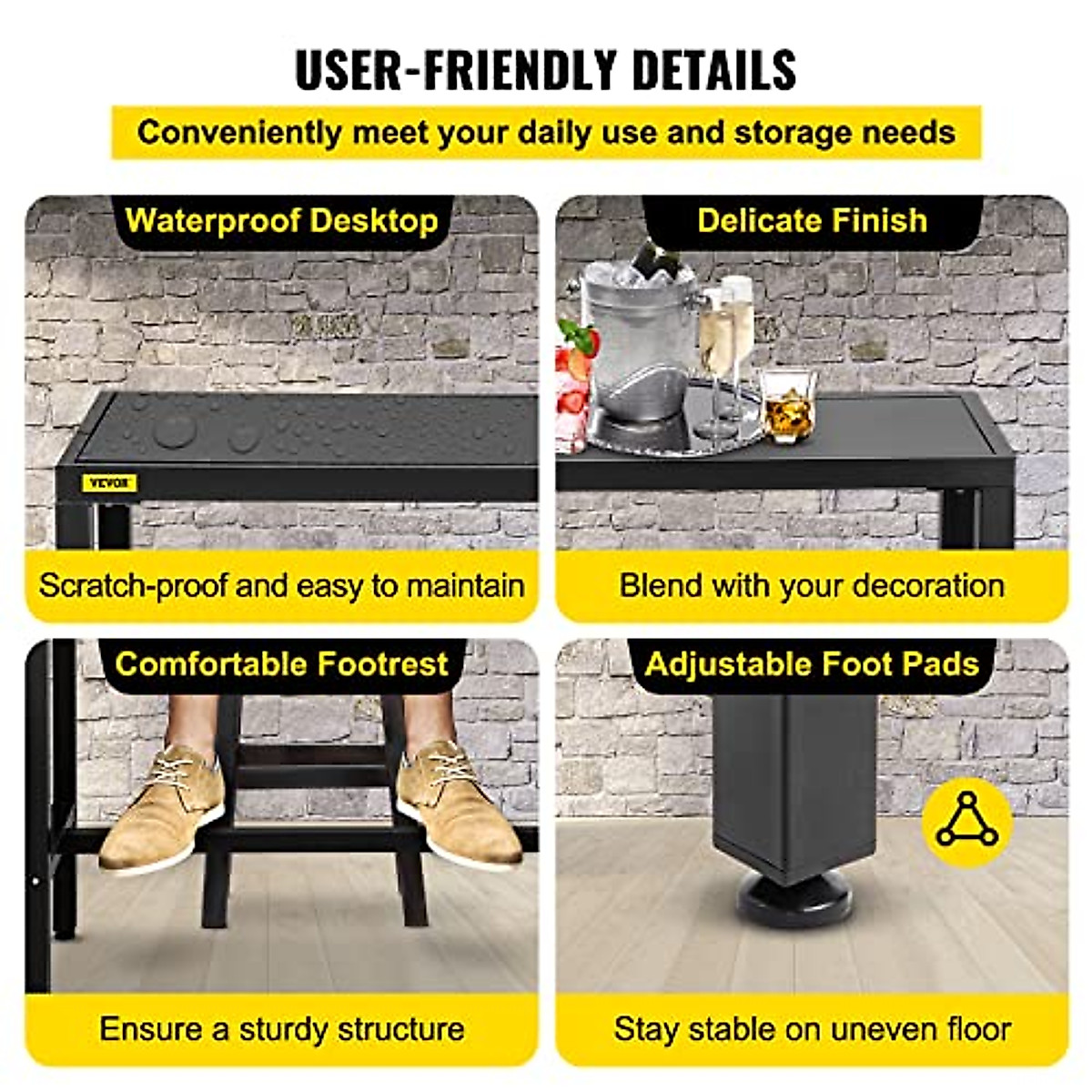 VEVOR Outdoor Bar Table, 38.6" L x 15" W x 38.6" H, Narrow Rectangular Height Pub Tables, Sturdy Metal Frame Tall Table Counter with Adjustable Feet, for Patio, Balcony, Dinning Room, Bistro, Garden