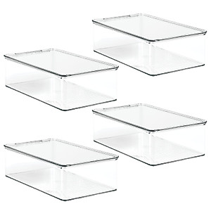 mDesign Plastic Bathroom Storage Organizer Box w/Hinge Lid for Closet Shelves, Cupboards, Holds Medicine, First Aid, Lotion, Cotton Swabs, Masks, and Styling Tools, Ligne Collection, 4 Pack, Clear