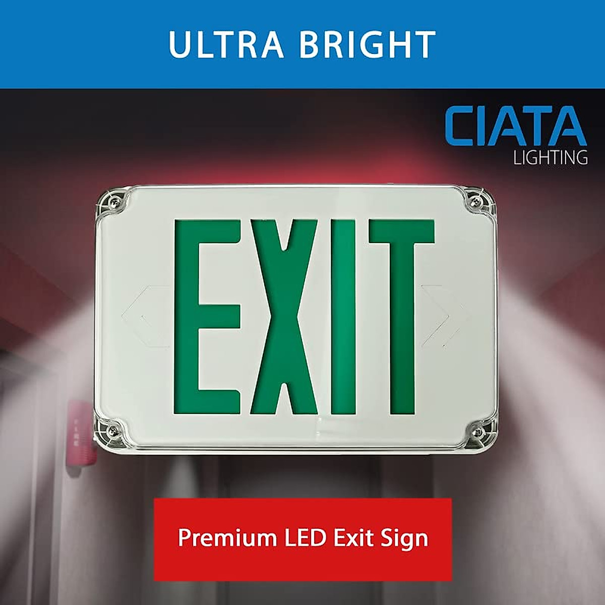 Ciata Green LED Emergency Exit Sign for Fire Escapes, Doors, and Hallways, Indoor and Outdoor Safety, Waterproof Wet Rated, Battery Backup, Universal Wall or Ceiling Mount