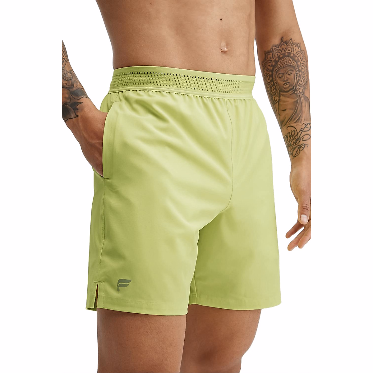 Fabletics Men's The Fundamental Short, Workout, Running, Training, Gym, Yoga, Ultra Lightweight, Athletic, 7" Inseam, M, Faded Lime