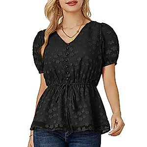 GRACE KARIN Women's Peplum Tops 2023 Summer V Neck Ruffle Short Sleeve Blouse Jacquard Flowy Shirt Tunic Top Black