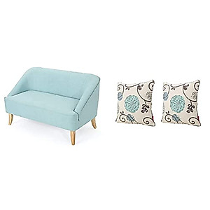 Christopher Knight Home Justus Mid-Century Modern Fabric Loveseat, Light Blue/Natural & Ippolito Fabric Pillows, 2-Pcs Set, White and Blue Floral