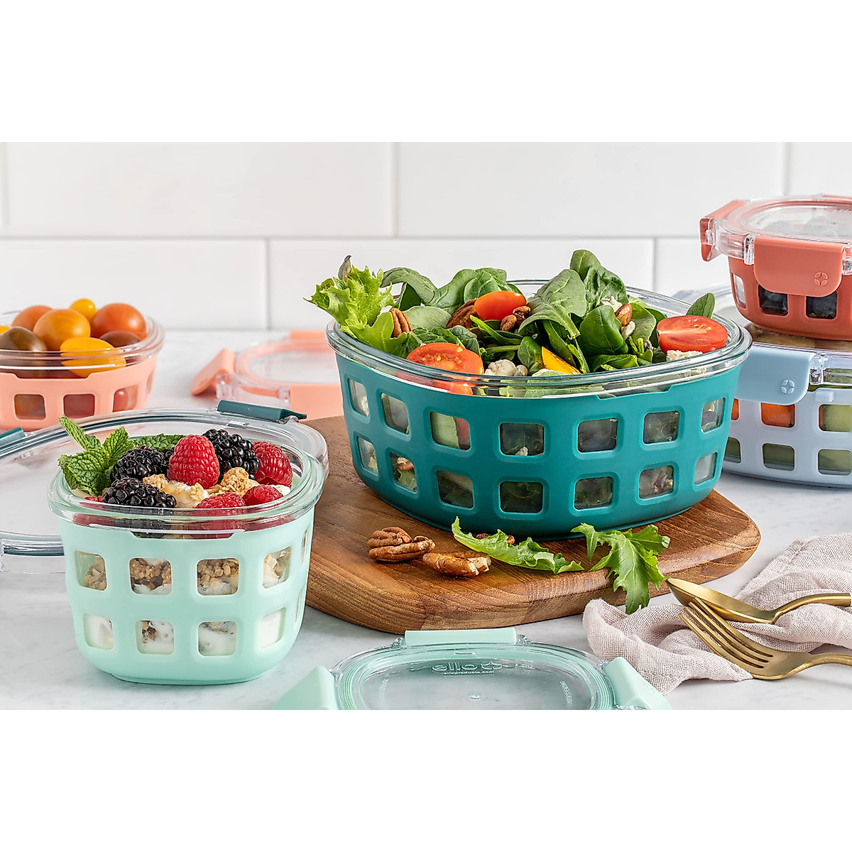 Ello Duraglass Mixed Meal Prep Set 10Pc, 5 Pack Set- Glass Food Storage Container with Silicone Sleeve and Airtight BPA-Free Plastic Lids, Dishwasher, Microwave, and Freezer Safe, Melon