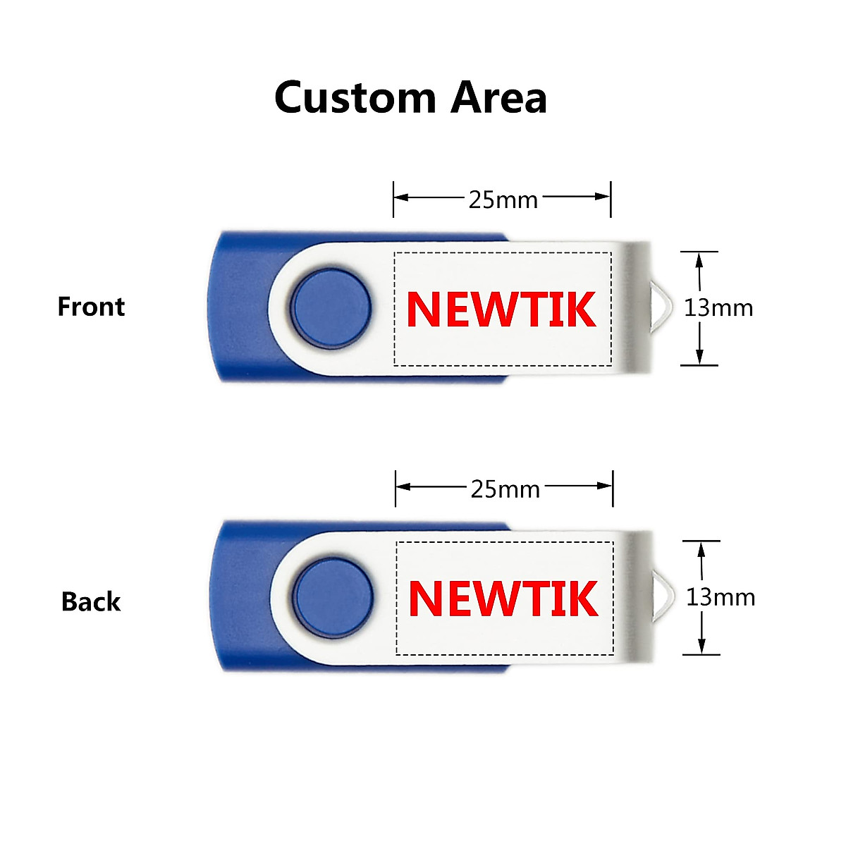 NEWTIK Custom Swivel USB Flash Drive Personalized with Your Logo Bulk USB 2.0 Customizable Memory Stick (128MB, 500PCS)