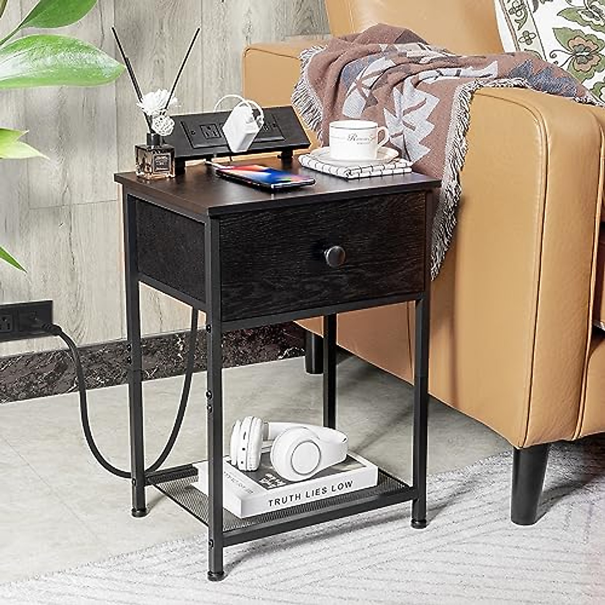 AMHANCIBLE Night Stand Set 2, Small Black Nightstand with Charging Station, End Side Tables Living Room with USB Ports & Outlets, Slim Bedside Table with Drawers for Bedroom HET03SDPBK