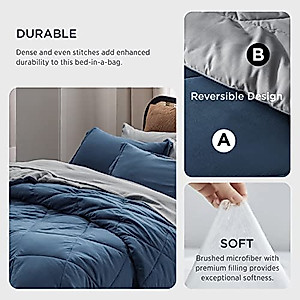 Bedsure Navy Bedding Set Queen - 7 Pieces Reversible Bed Sets in a Bag with Comforters, Sheets, Pillowcases & Shams, Comforter