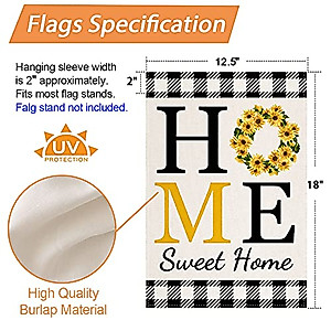 QWETRY Sunflower Home Sweet Home Garden Flag for Outside Summer Flags for Farmhouse Lawn Outdoor Décor, Burlap Vertical Buffalo Check Plaid Flower Small Rustic Yard Flags 12.5 x 18 Inch Double Sided