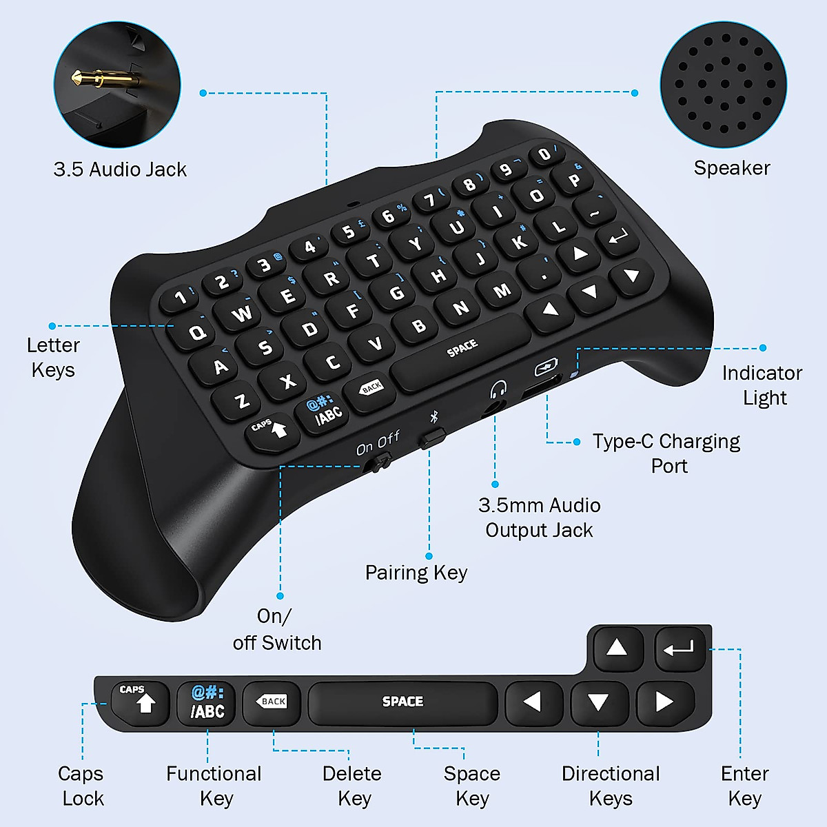MoKo Keyboard for PS5 Controller, PS5 Bluetooth Wireless Mini Keyboard Chatpad for PlayStation 5 Controller, Game Keypad Built-in Speaker with 3.5mm Audio Jack for Messaging and Game Live Chat, Black