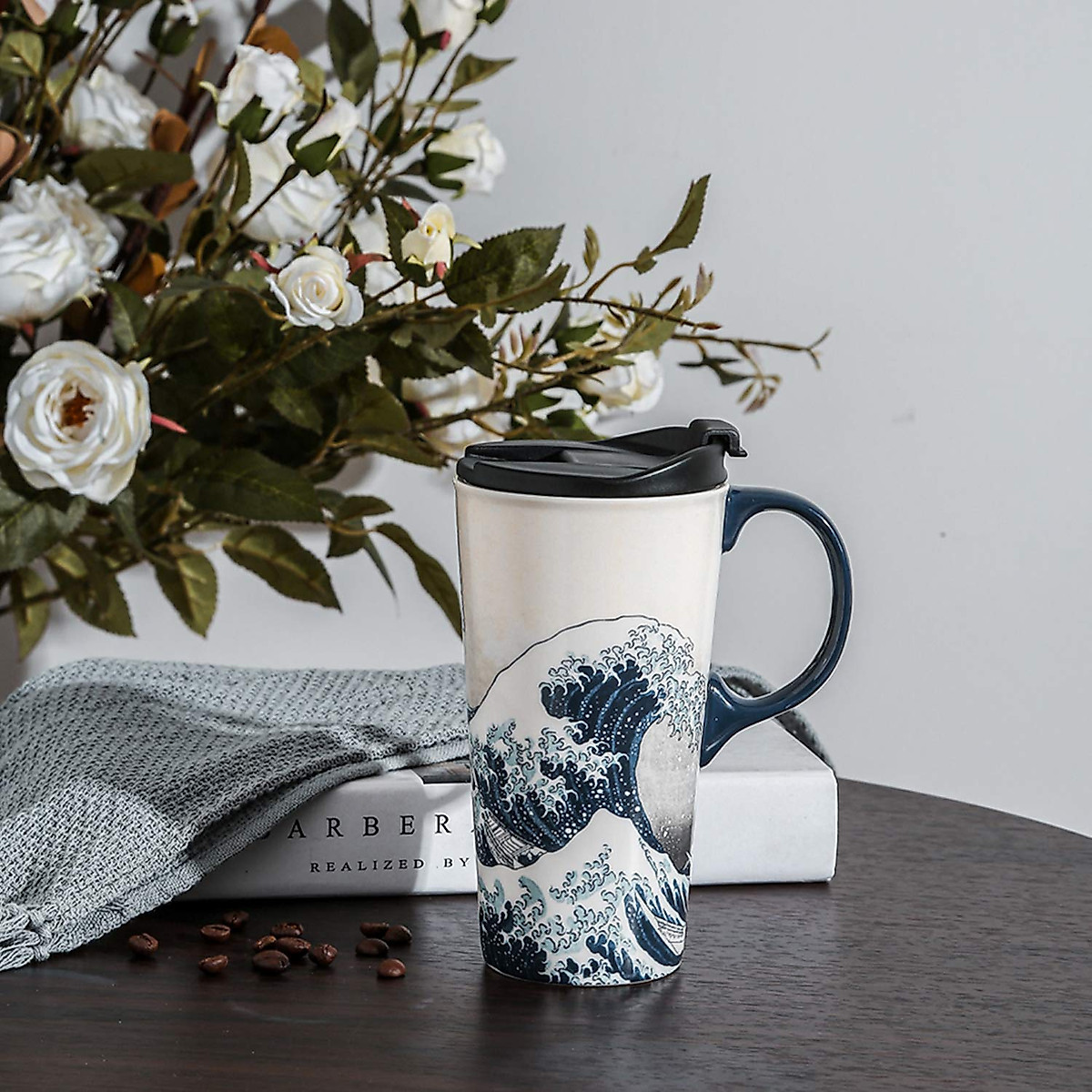 Topadorn Ceramic Travel Mug Porcelain Coffee Cup with Spill-proof Lid and Box, 17 Oz.