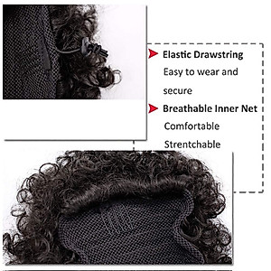 AISI QUEENS Afro Puff Drawstring Ponytail Synthetic Short Afro Kinkys Curly Afro Bun Extension Hairpieces Updo Hair Extensions with Two Clips (6inch,1B)
