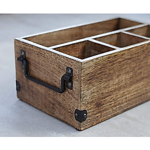 Mango Wood Utensils Caddy, Holder for Spoons, Forks, Knives, Salt Pepper, Napkins, Silverware Organizer, Flatware Holder (10.5 X 6.5 X 4.5 Inches)