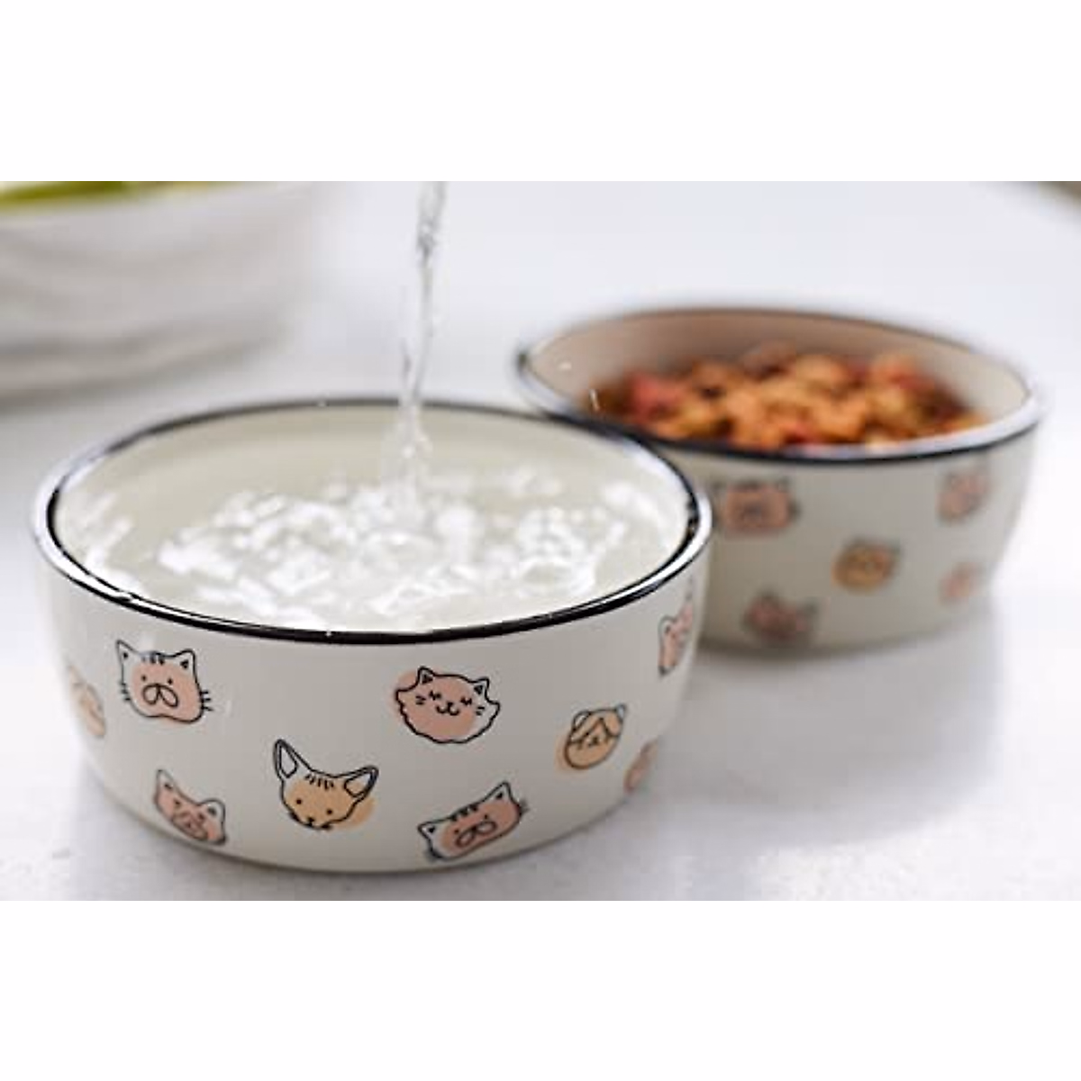 Pearhead Cat Faces Pet Bowl, Cat Water and Food Dish, Pet Owner Cat Accessory, Ceramic, Blush and White