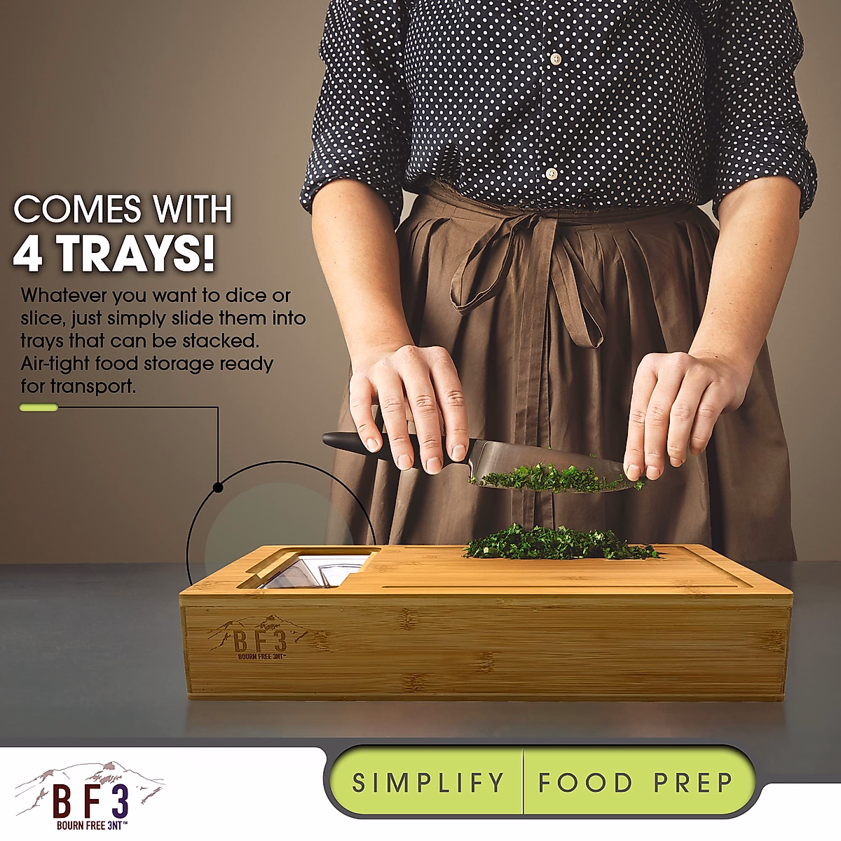 Bamboo Cutting Board with 4 Container Trays with Lids, with Juice Grooves, Knife Sleeve, Graters & Food Sliding Opening