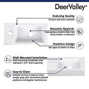 DeerValley DV-1V081L Liberty Wall Mount Sink, Rectangle Mini Vessel Sink,Small Bathroom Cloakroom White Porcelain Ceramic Wash Basin Right/Left Hand (Left Hand) (Left Hand)
