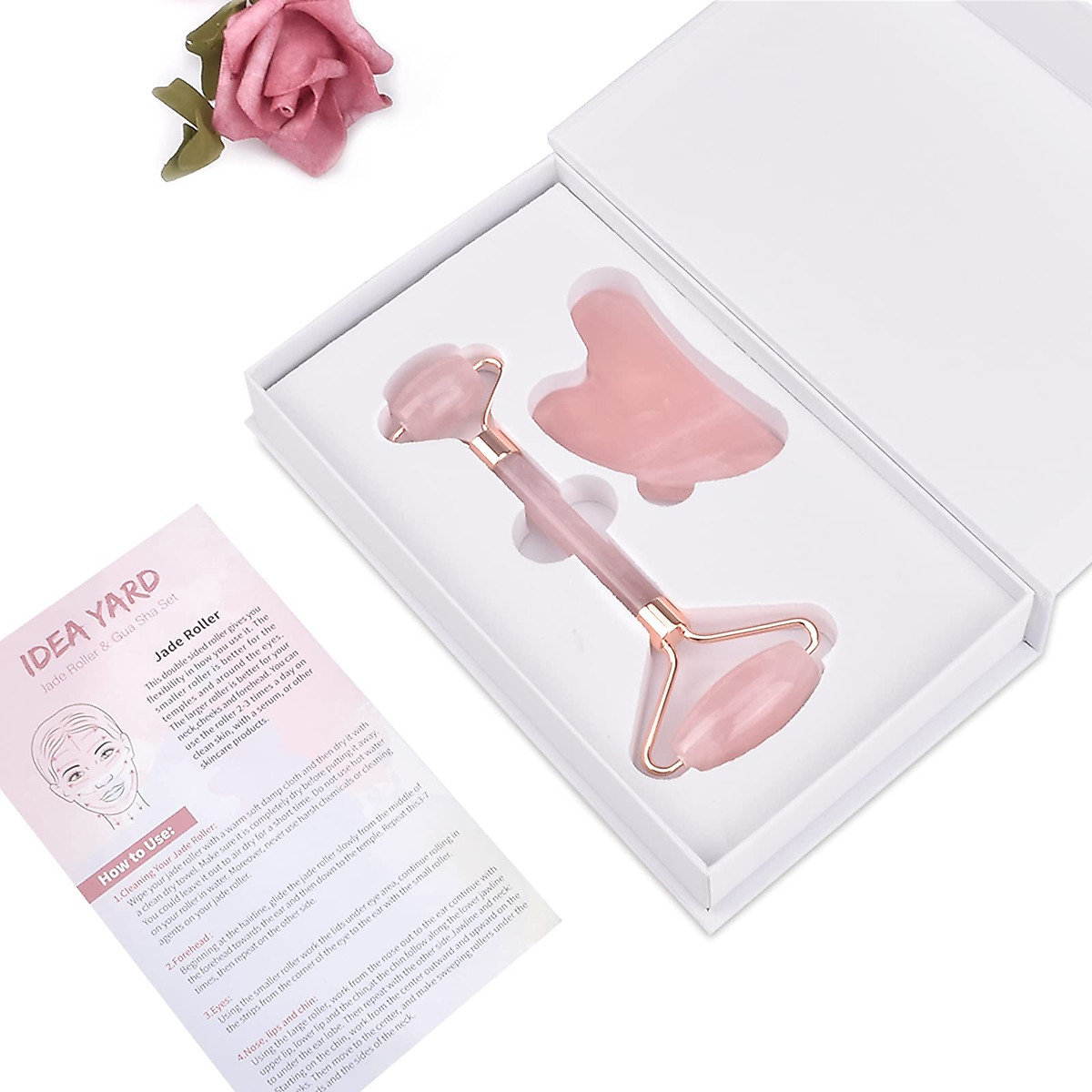 ideayard Face Roller and Gua Sha Set - Jade Roller Anti Aging Massager Tool - Natural Jade Roller for Face and GuaSha Stone for Body - Beauty Roller Skin Care Tools Kit for Slimming & Firming（Pink）