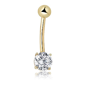 AVORA 10K Yellow Gold Simulated Diamond CZ Solitaire Belly Button Ring Body Jewelry (14 Gauge)