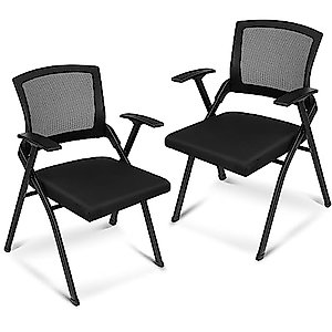 Sintuff Folding Chair with Arms and Padded Seats Comfortable Metal Folding Chairs Portable Foldable Office Chair Mesh Task Chair for Home Apartment School Meeting Room Table (Black,2 Pcs)