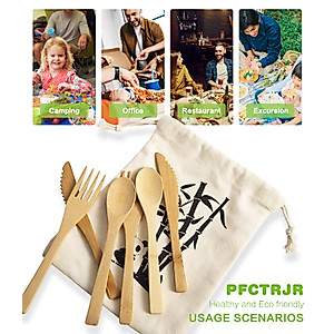 PFCTRJR Bamboo Cutlery Set -30 PCS Reusable Bamboo Utensil Fork Knife Spoon-Bamboo Flatware Sets for Camping, Travel, Picnic, Office, School,Bamboo Silverware Set with Pouch Bag