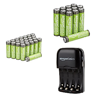 Amazon Basics 24 AA + 12 AAA High-Capacity Rechargeable Battery Combo Pack with 4-Hour Rapid Battery Charger (Items May Ship Separately)