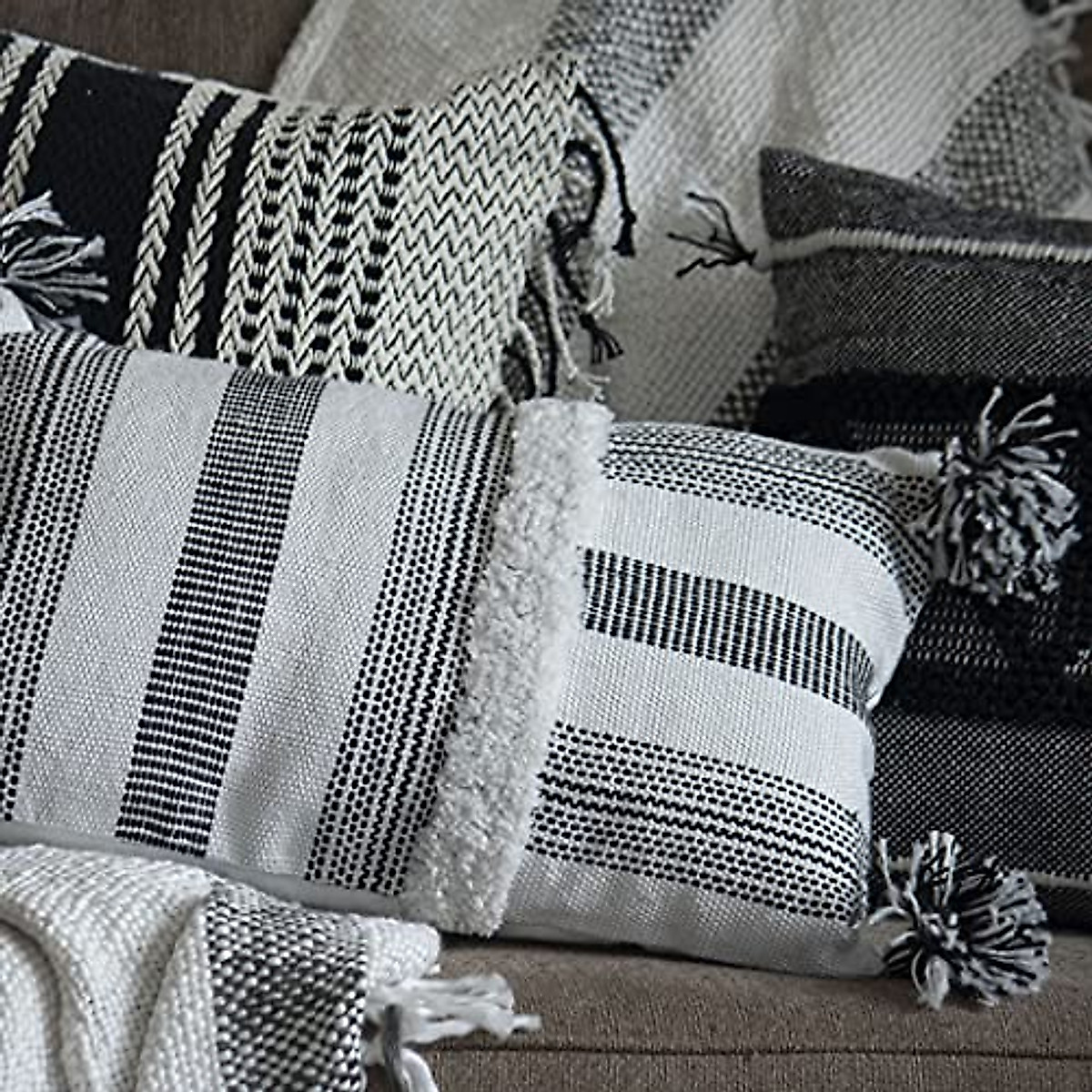 Foreside Home & Garden Black Striped Woven 14x22 Outdoor Decorative Throw Pillow with Hand Tied Tassels, 22 x 14 x 5