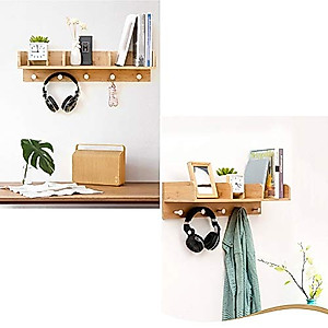 PIBM Stylish Simplicity Shelf Wall Mounted Floating Rack Wooden Solid Wood Shelves Storage Books Living Room 5 Hooks,63X15.1X20Cm,2 Colors Avaliable, Wood Color