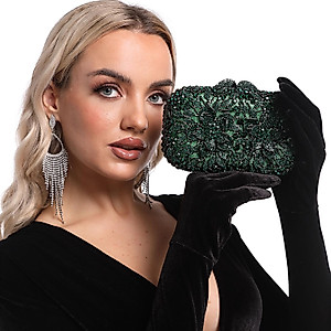 Boutique De FGG Double Flowers Women Crystal Clutch Evening Bags Wedding Party Rhinestones Handbags and Purses (Fit For Iphone 8, Green)