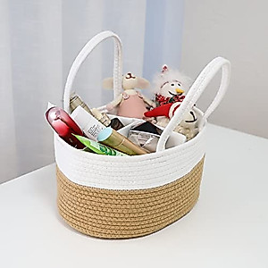 HODAKJUE Baby Diaper Caddy Organizer, Cotton Rope Nursery Storage Basket, Car & Changing Table Tote for Newborn Boys Girls ( White & Brown )