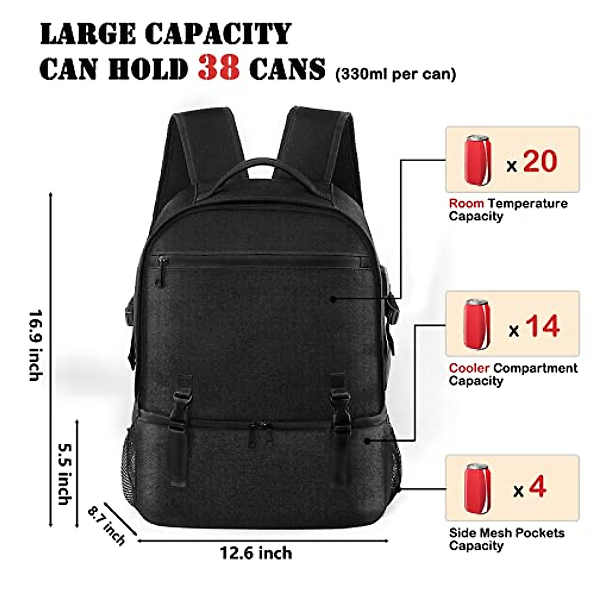Insulated Cooler Backpack 38 Cans Leakproof Lightweight Lunch Backpack with USB Double Deck Small Cooler Backpack with Cooler Compartment for Work Beach Picnic Travel Trip Men Women (Black)