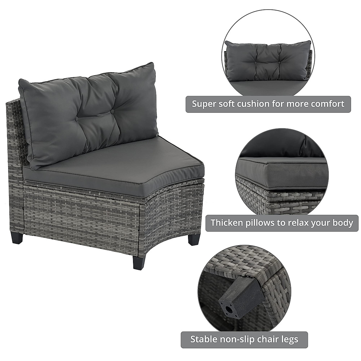 Merax 8-Pieces Outdoor Wicker Round Sectional Curved Sofa Set with Rectangular Coffee Table, PE Rattan Water-Resistant and UV Protected, Movable Cushion, Half-Moon Style, Grey_8Pcs