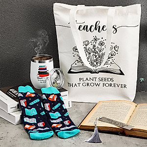 Sieral 4 Sets Book Lovers Gifts Teacher Gifts Includes 12 oz Stainless Steel Wine Tumbler with Lid Library Canvas Tote Bag Novelty Socks Thank You Bookmark Tassel for Nursing Teacher