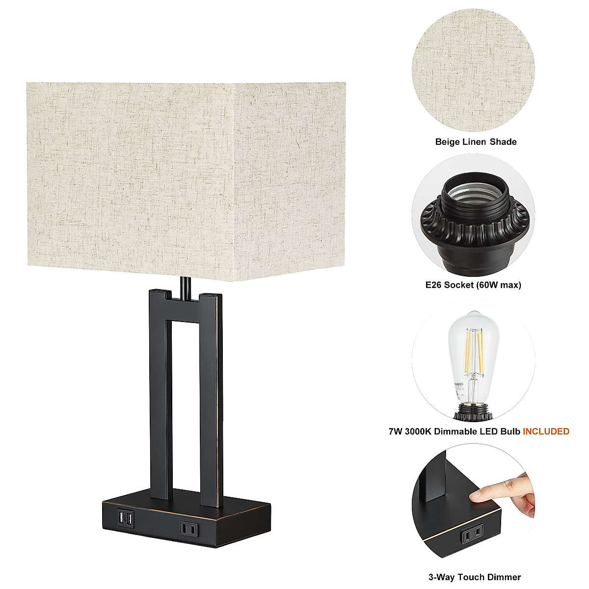 SURAIELEC Table Lamps Set of 2, Touch Control Nightstand Lamp with 2 USB Charging Port & AC Outlet, 3-Way Dimmable Table Lamp for Bedroom, Living Room, Beige Linen Lampshade, LED Bulb Included