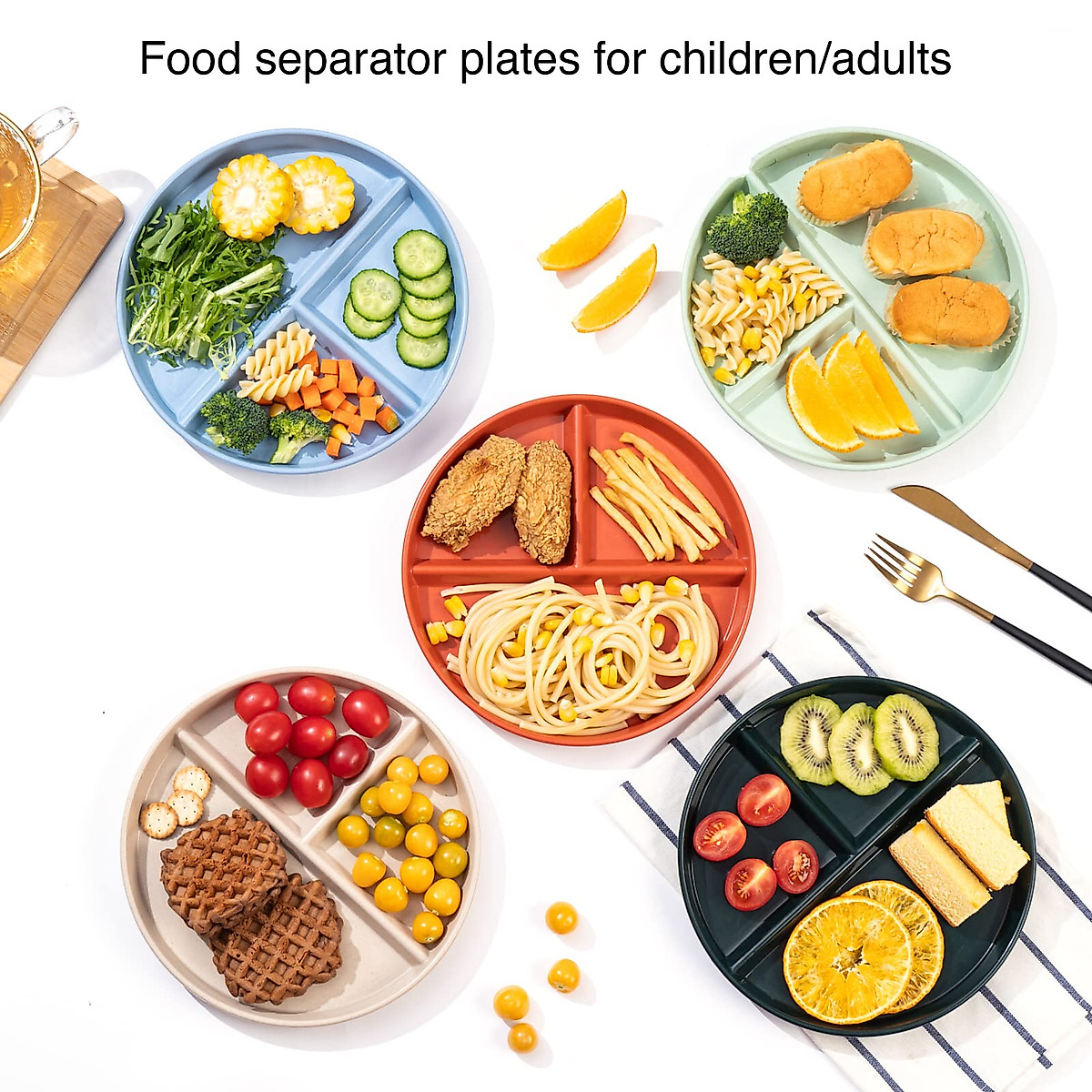 9-Inch Wheat Portion Control Plate, 5-Piece Unbreakable Plastic Adult Portioning Plate, Dishwasher Safe/Reusable, 3 Sections Of Round Kids Separate Plates For Healthy Eating And Weight Loss (Beige)