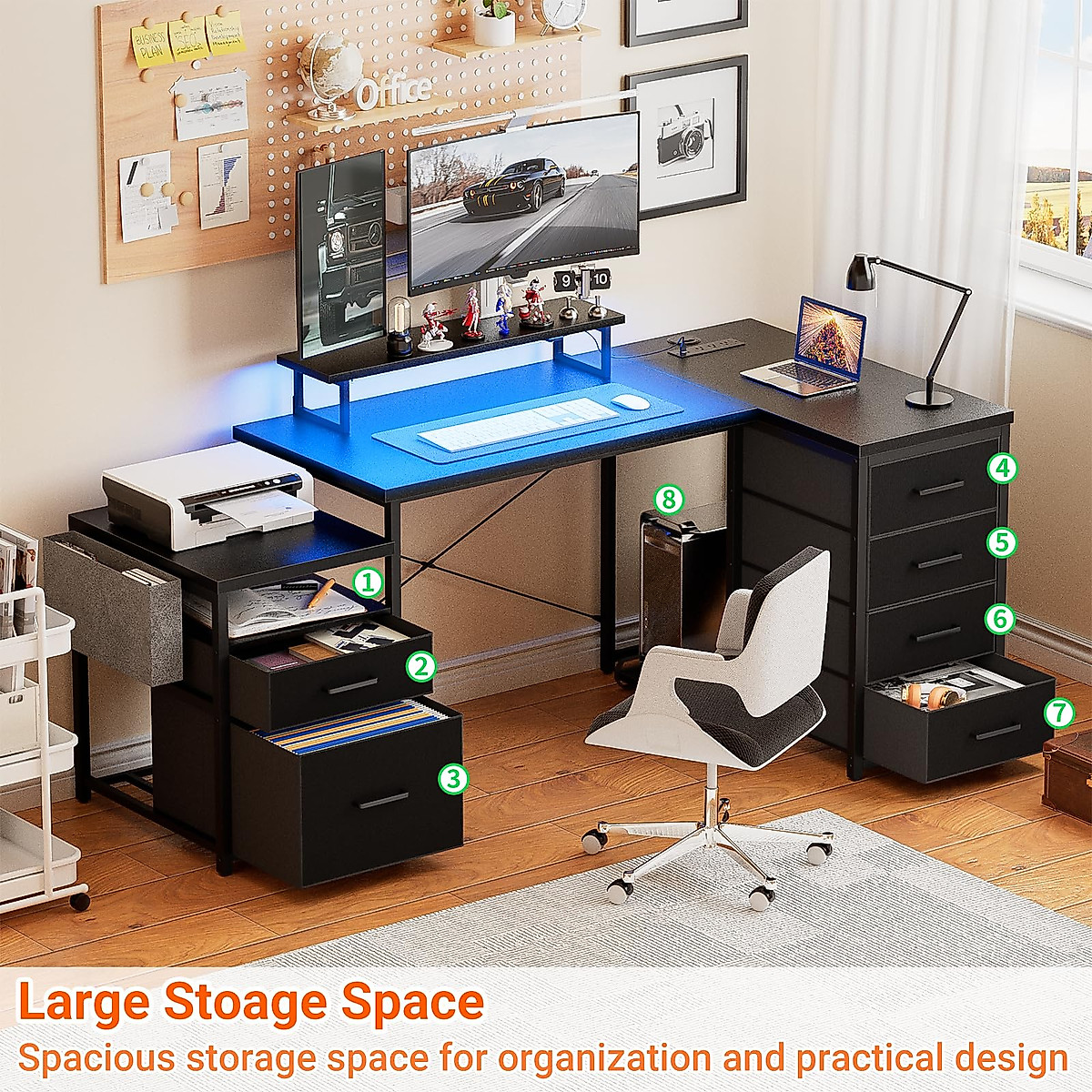 Unikito Reversible L Shaped Computer Desk with Fabric File Drawers, 70.8" Large Office Corner Desk with RGB LED Lights & Power Outlets & Monitor Stand & CPU Stand, Sturdy L Shape Gaming Desk, Black
