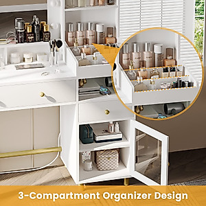 VIAGDO White Vanity Desk with Mirror and Lights, Makeup Vanity with Charging Station & 3 Storage Compartments, Makeup Desk with Drawers and Open Storage Shelves, Bedroom Dressing Table