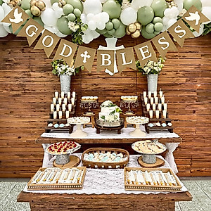 GCQQ God Bless Banner, Pre-strung God Bless Burlap Banner, Neutral God Bless Banner with Pigeon, Rustic First Communion Banner for Boys or Girls, God Bless Banner for Baby Shower, Wedding Party Banner