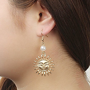 Sterling Silver & Gold Plated 14k Emoji Smile Face Big Sun Charm With Pearl Women Dangle Earrings (Gold)